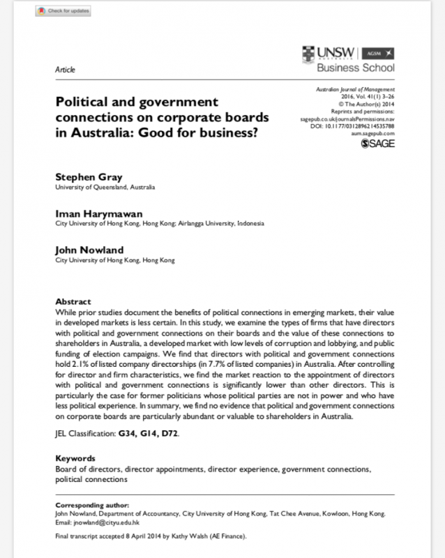 Political and government connections on corporate boards in Australia ...